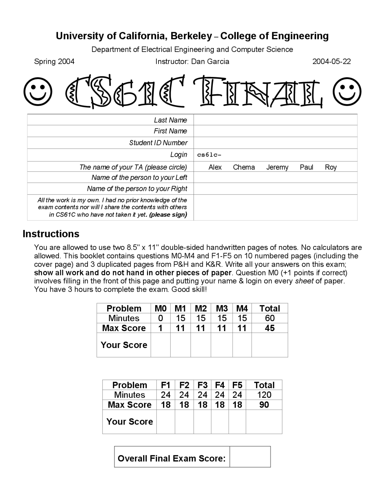 Sample Questions For Final Exam Machine Structures Spring 2004 Compsci 61c Docsity