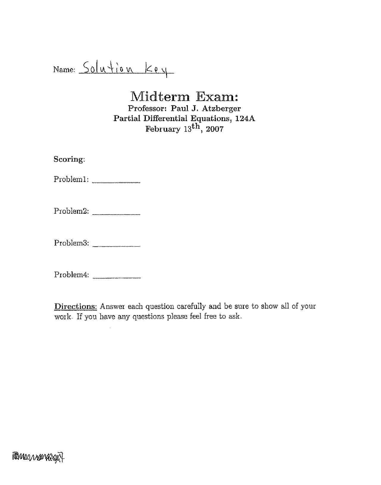 Solutions Key Midterm Exam Partial Differential Equation Math 124a