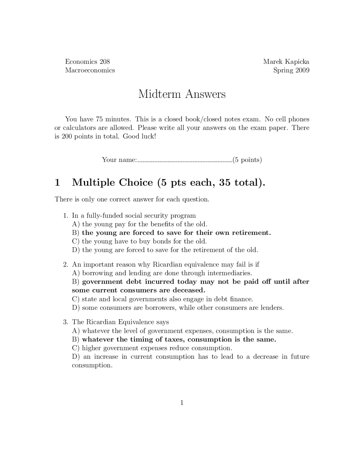 Midterm Exam Answers Topics In Macroeconomics Theory Econ 208