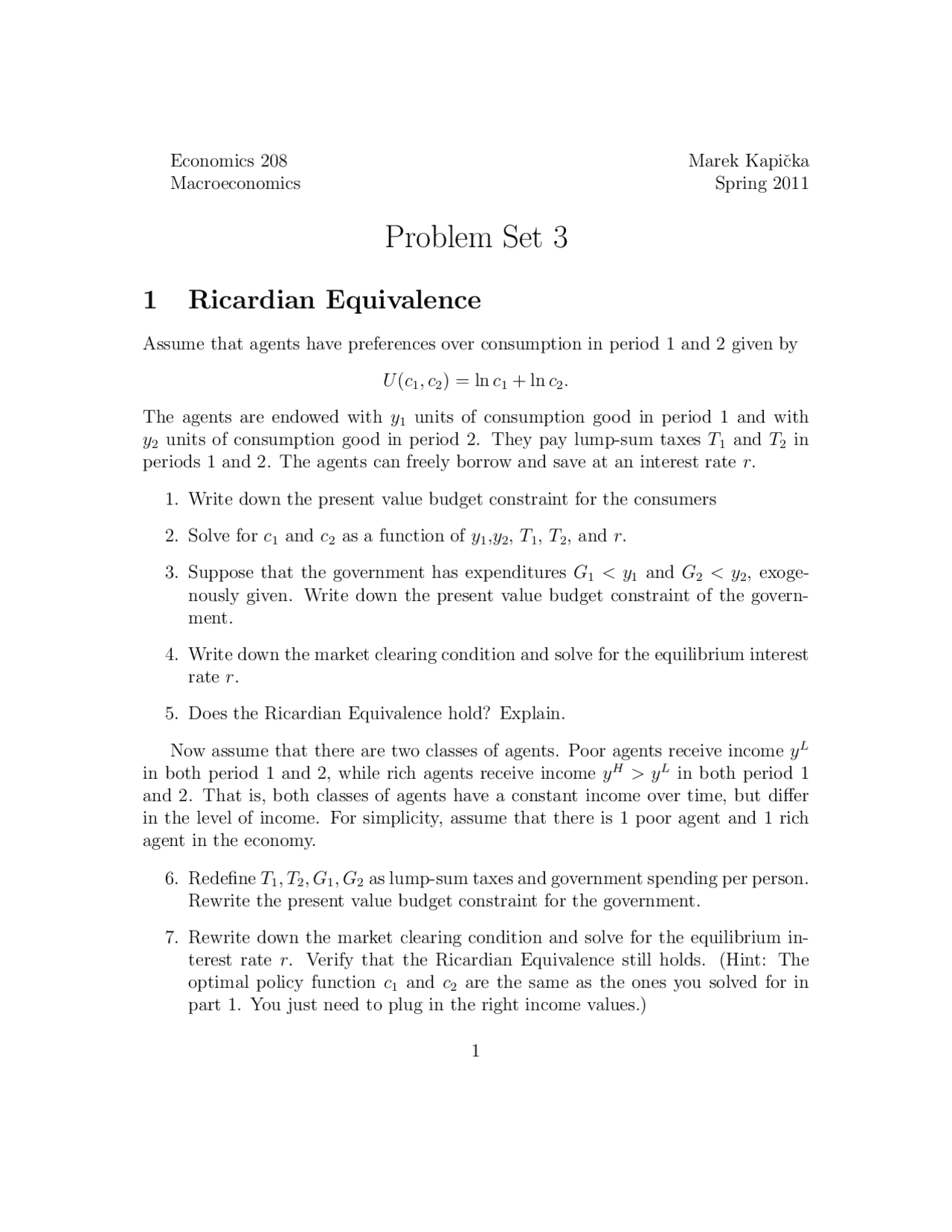 Problem Set 3 On Introduction To Macroeconomic Theory Econ 208 Docsity