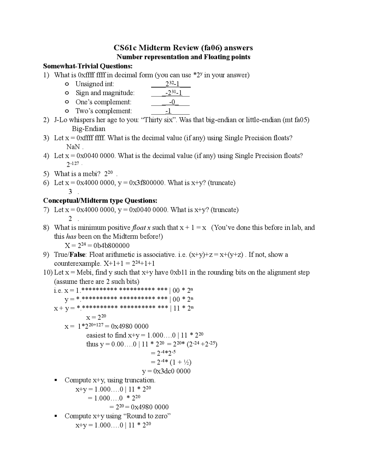 Midterm Exam With Answers Machine Structures Compsci 61c Docsity