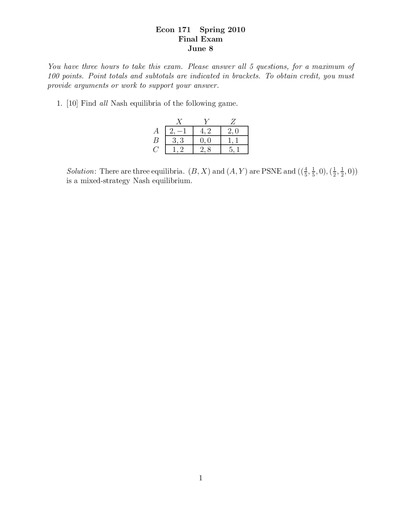 Final Exam With Solution For Introduction To Game Theory Econ 171