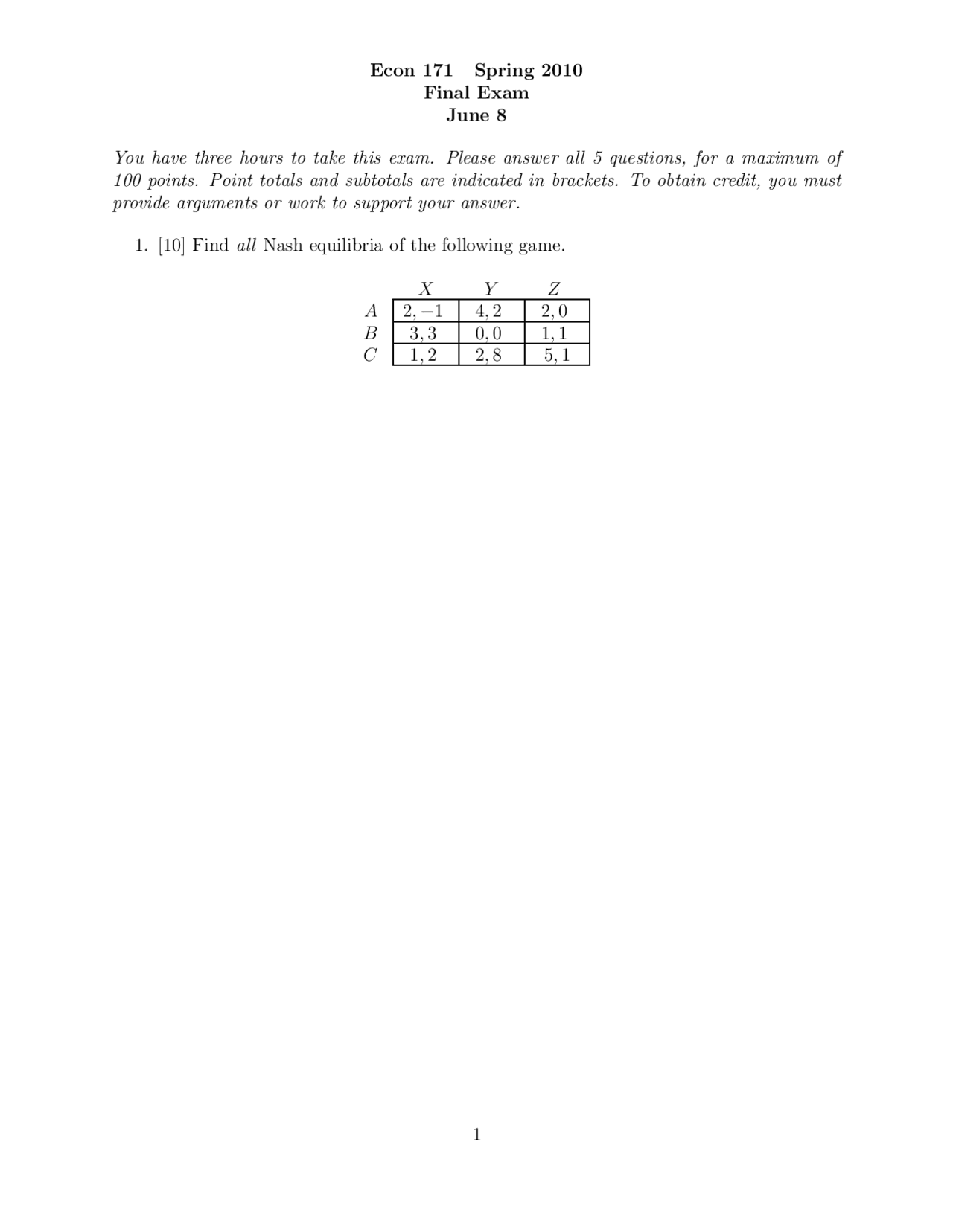 5 Questions For Final Exam Introduction Game Theory Econ 171 Docsity