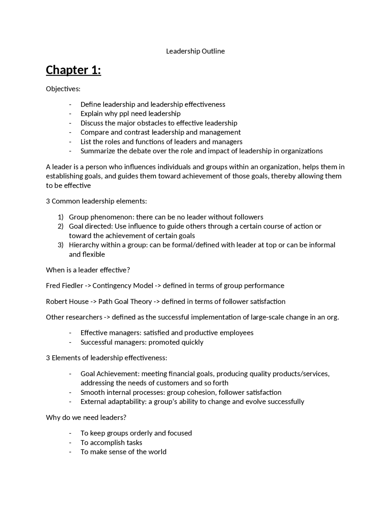 Leadership Outline on Managerial Leadership | MGMT 3287 | Study notes ...