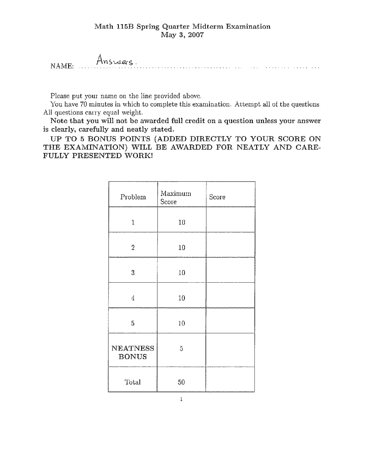 Midterm With Answers Key Introduction To Number Of Theory Math 115b