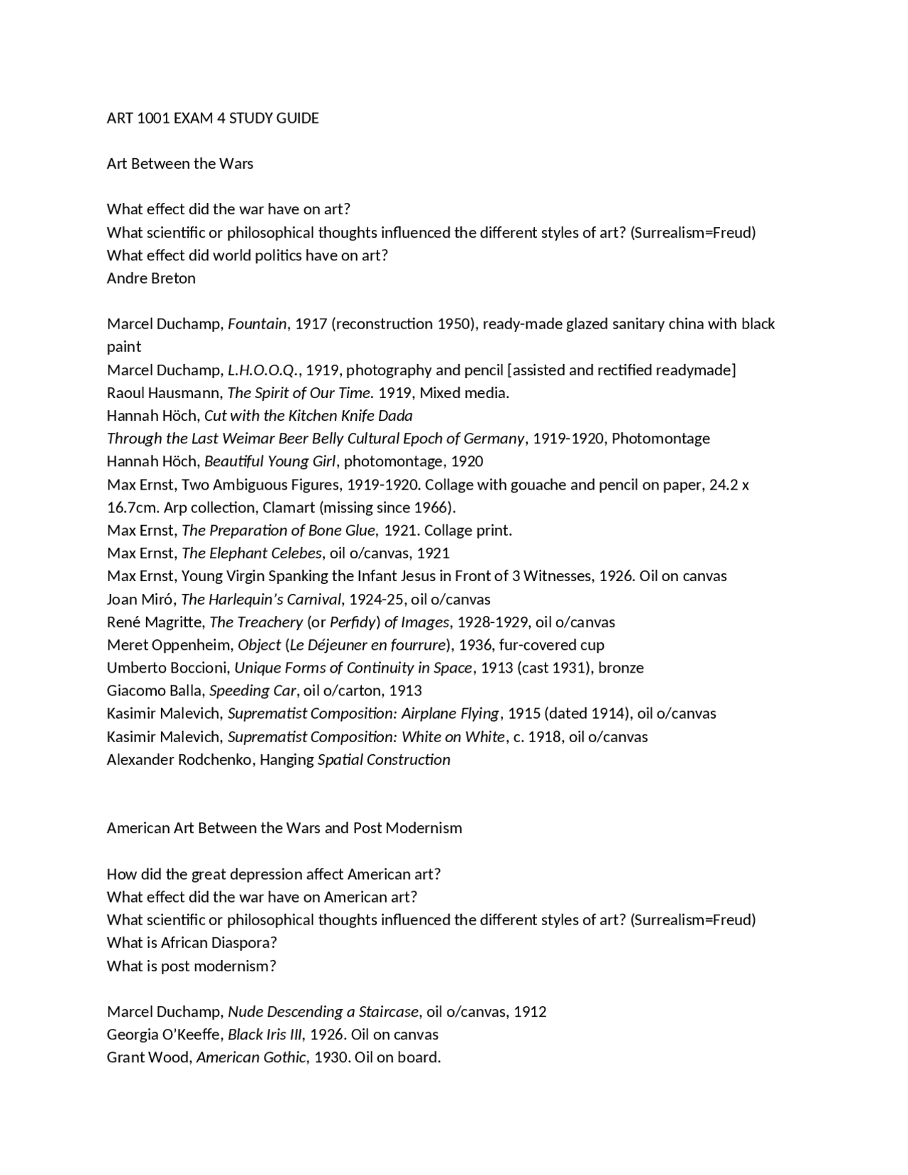 Introduction to Fine Arts - Final Exam | ART 1001 - Docsity