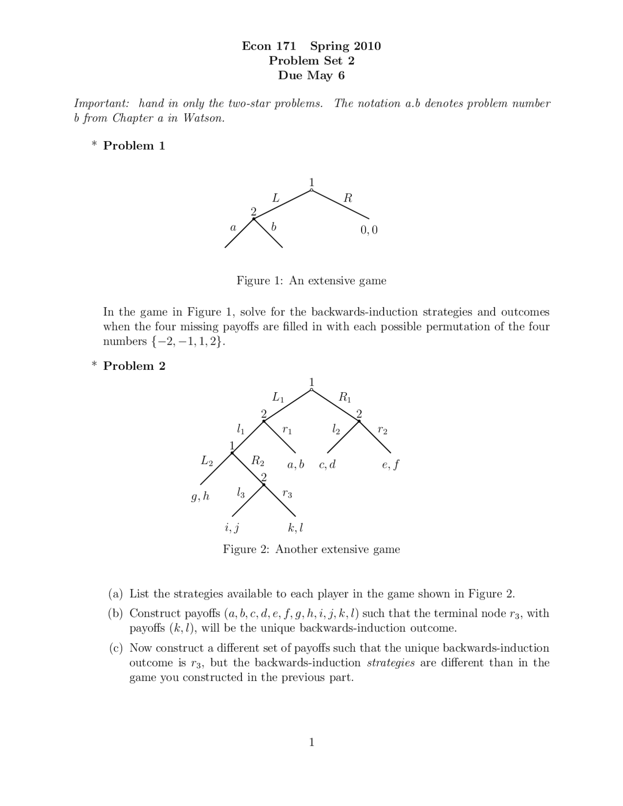 Problem Set 2 Introduction To Game Theory Econ 171 Docsity