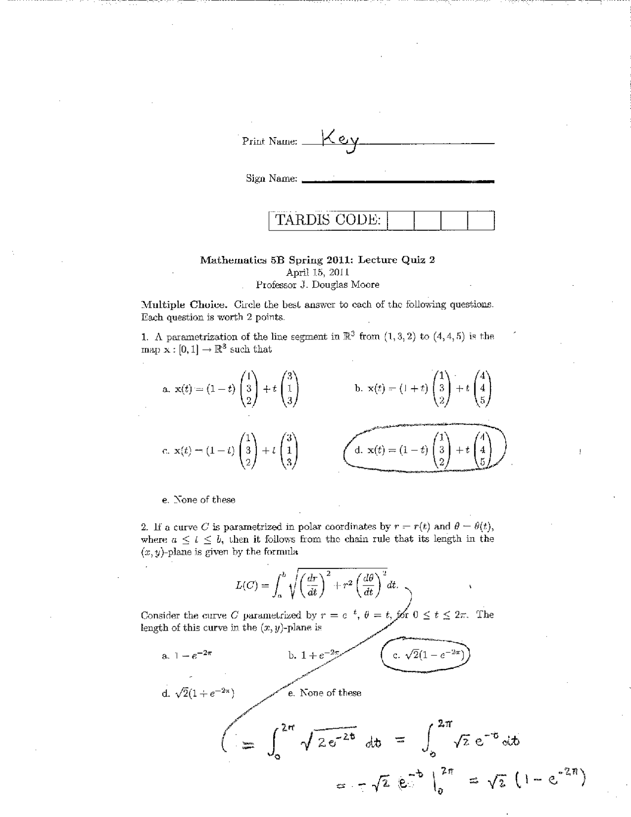 Solutions to Quiz 2 - Vector Calculus I | MATH 5B - Docsity