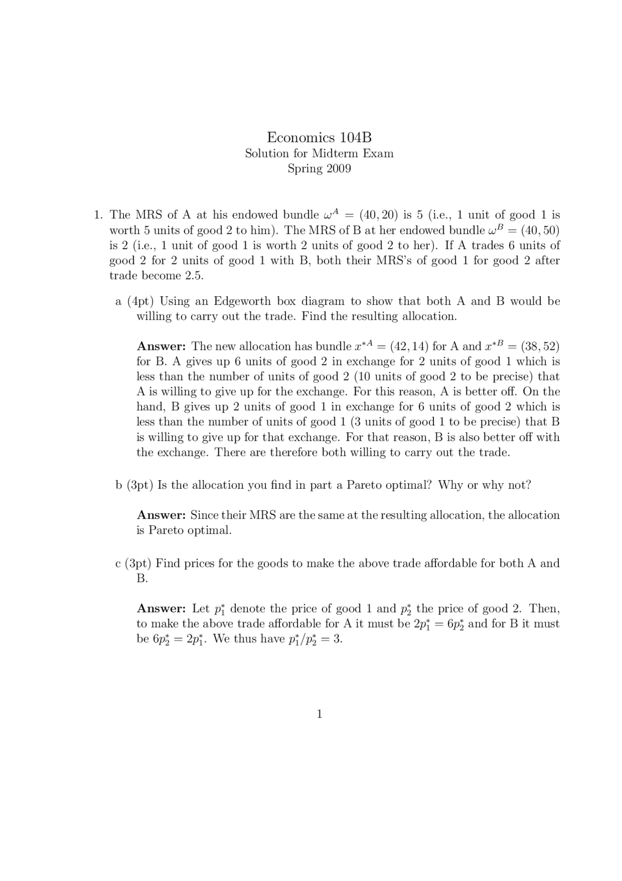 Solutions For Midterm Exam For Microeconomic Theory Econ 104b Docsity