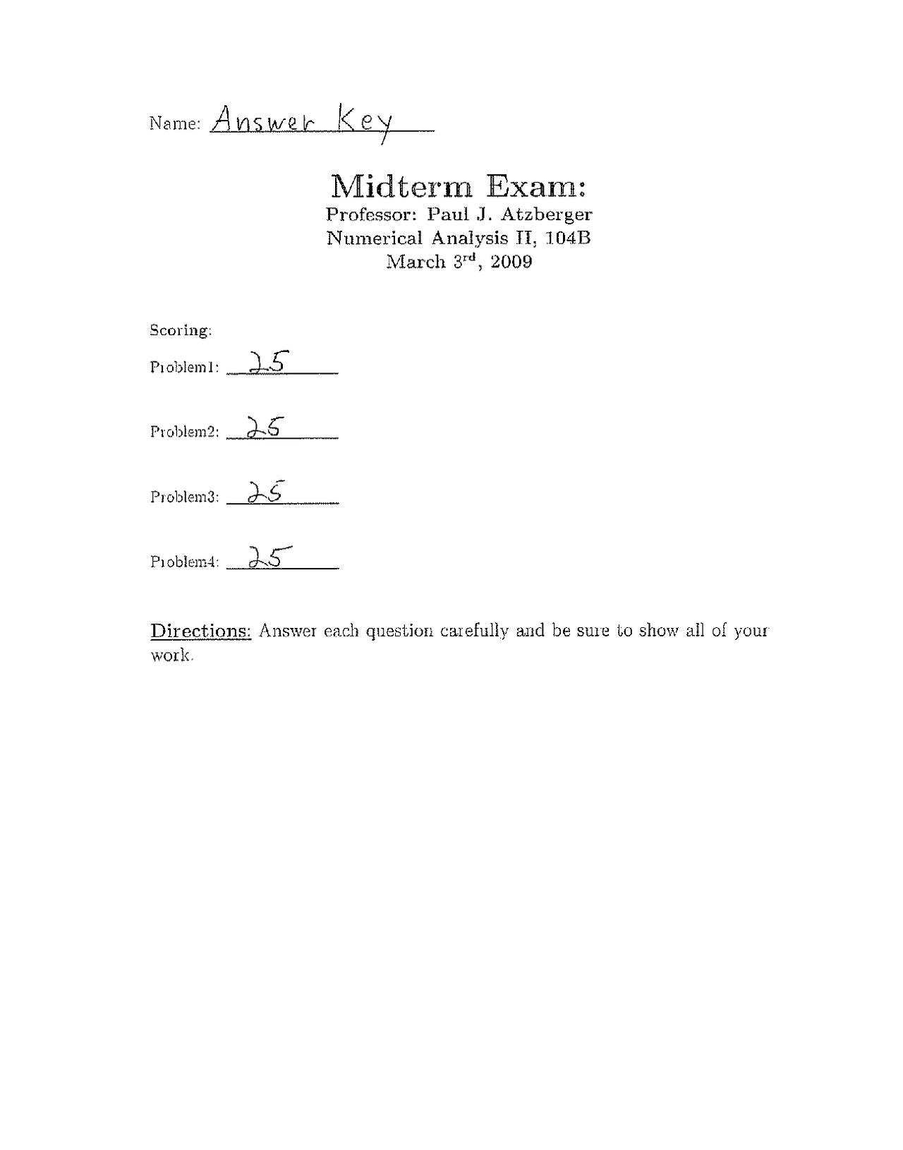 Numerical Analysis Midterm Answer Key Math 104b Docsity