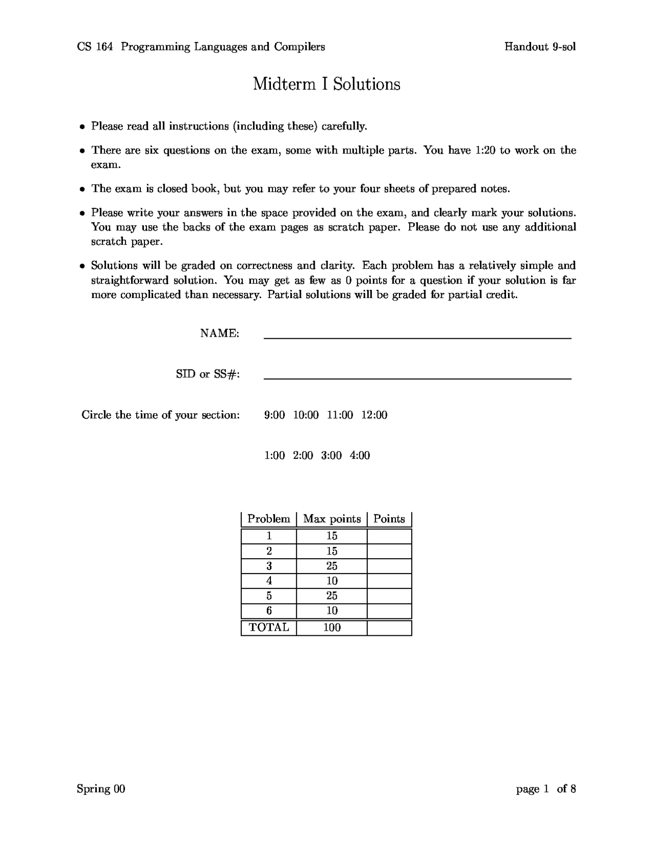 Programming Languages and Compilers - Midterm Questions with Solutions | COMPSCI 164 - Docsity