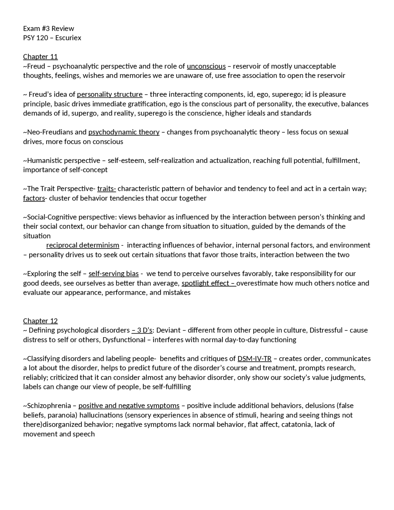 Review Notes For Exam 3 Introduction To Psychology Psy 120 Docsity