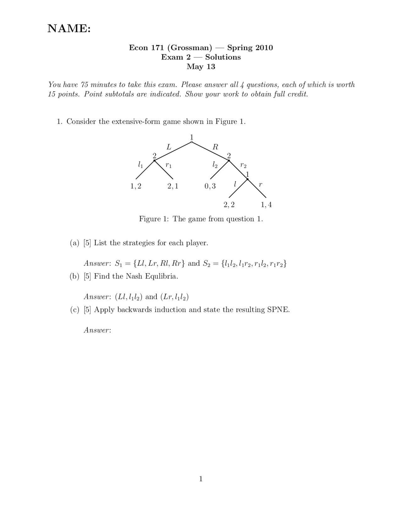 4 Solved Questions Exam 2 Introduction Game Theory Econ 171 Docsity