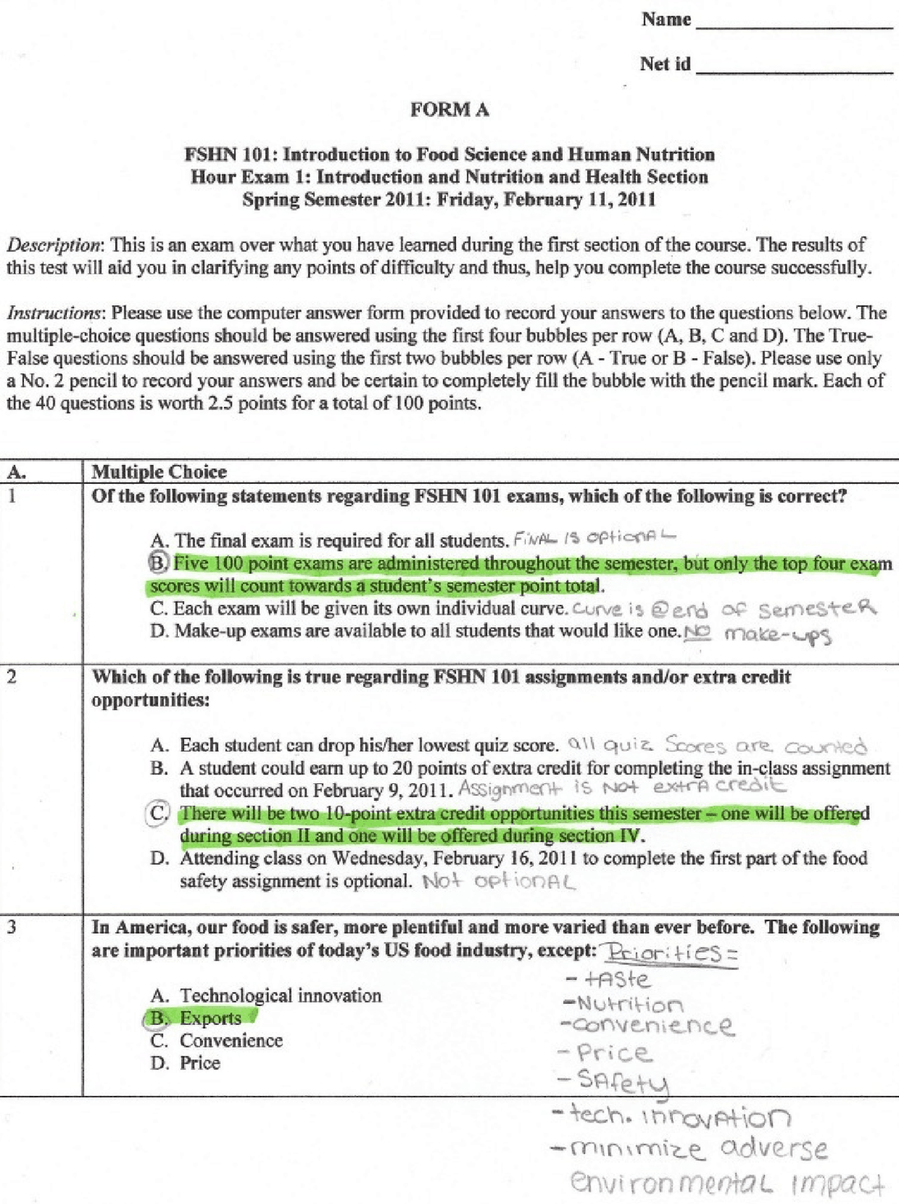 Introduction And Nutrition And Health Section Solved Exam Fshn 101