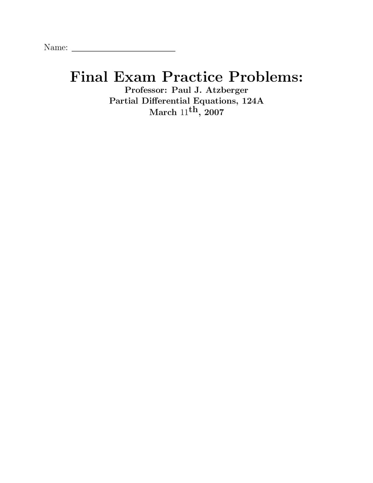 Final Exam Practice Problems Partial Differential Equations Math