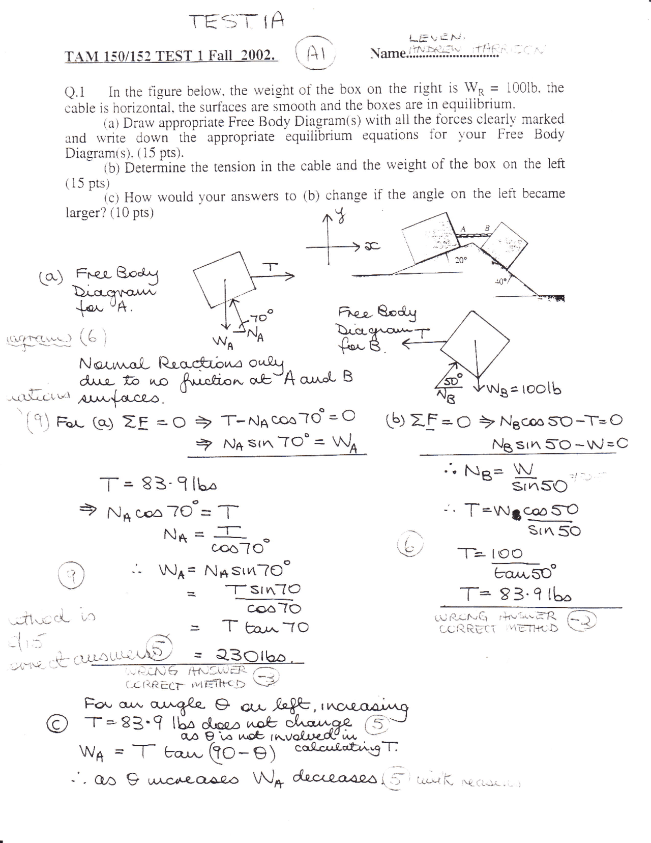 Solved Questions for Exam 1 - Introduction to Statics | TAM 210 - Docsity