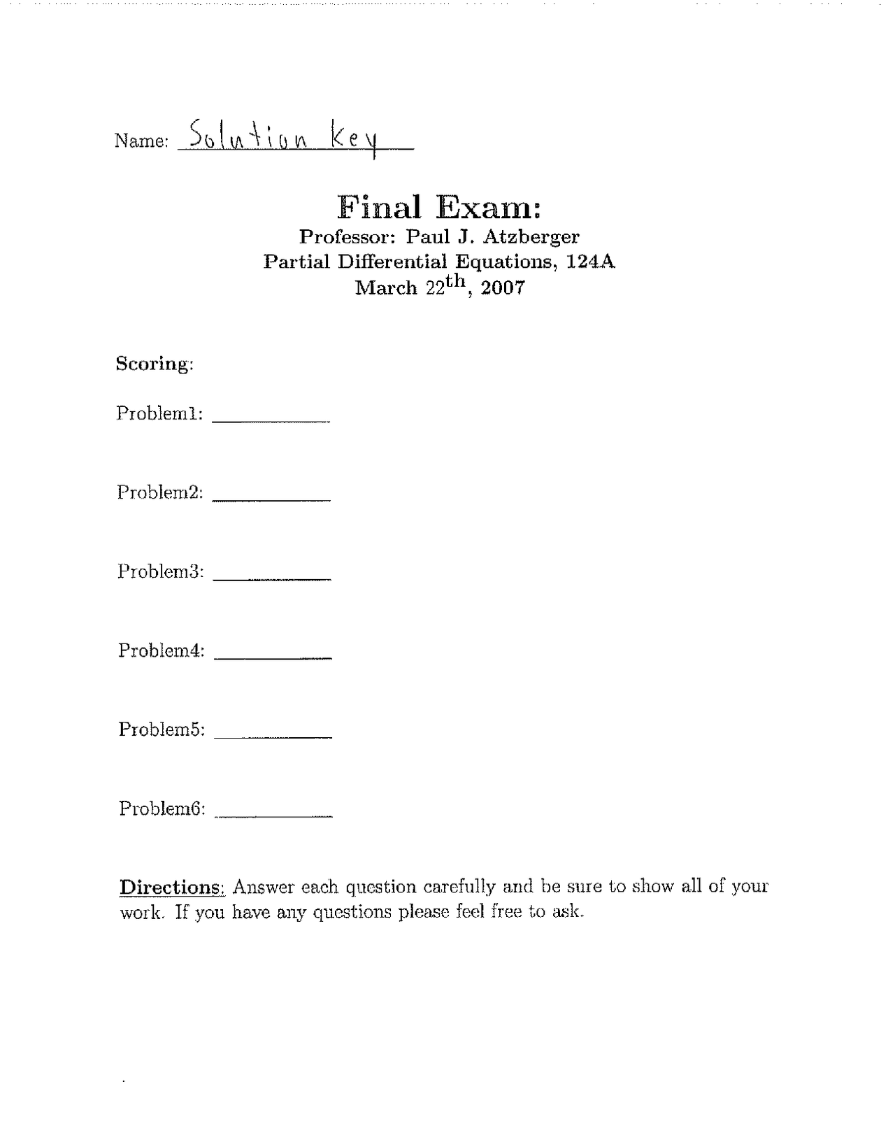 Solutions Key Final Exam Partial Differential Equation Math 124a