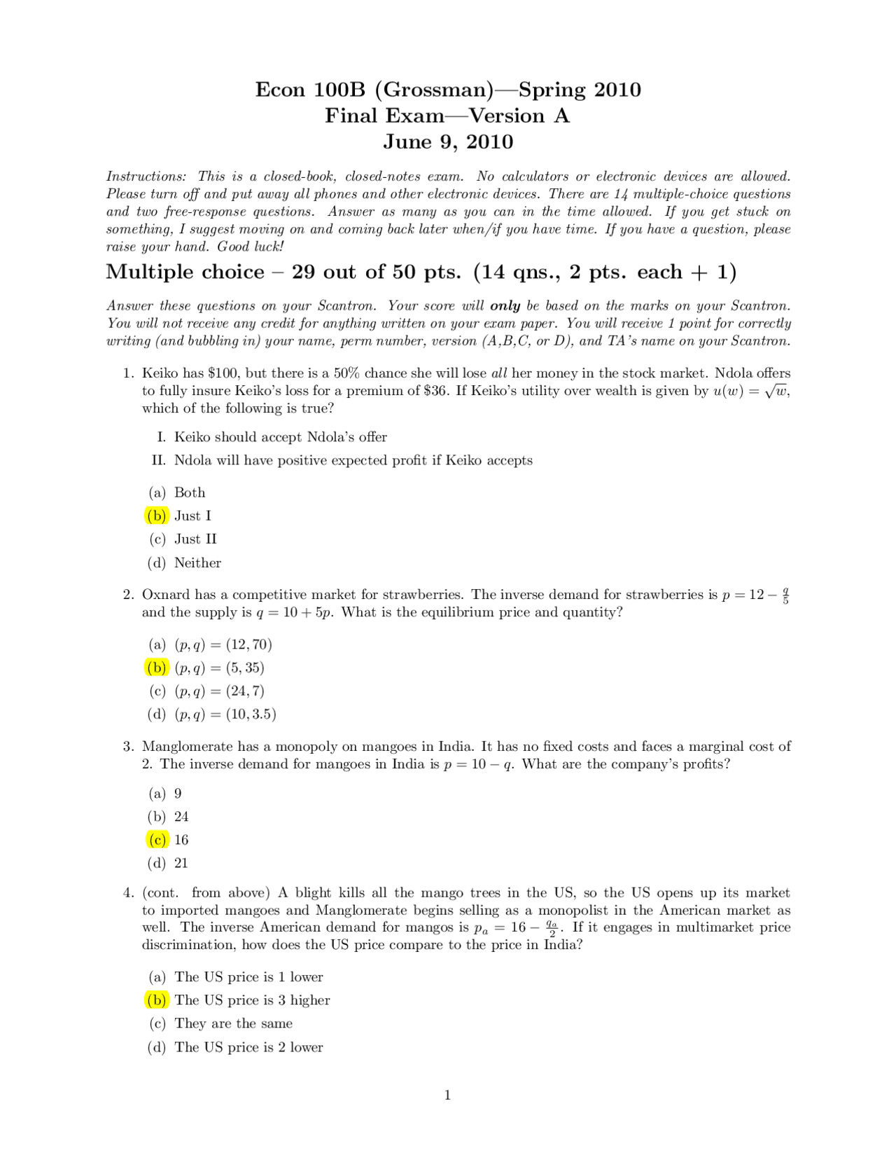 14 Mcqs And 2 Short Questions Final Exam Microeconomic Theory Econ