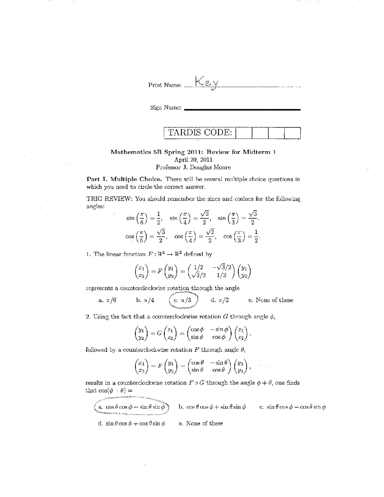 Exam 1 Answer Key for Vector Calculus I | MATH 5B - Docsity