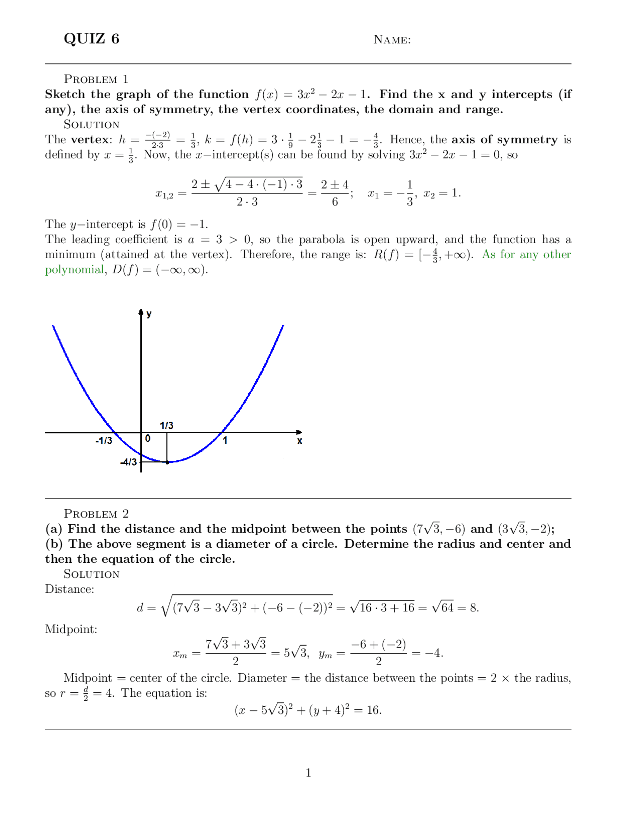 Quiz Solutions: Graphing Functions, Geometry, and Maximizing Area ...