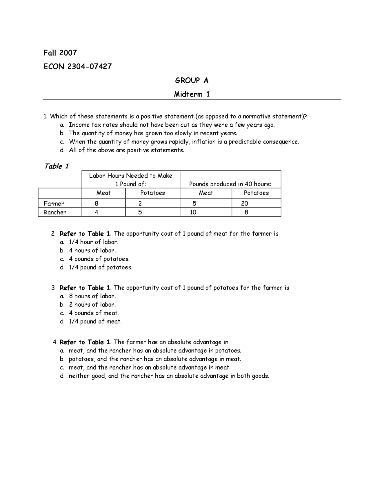 Midterm 1 Microeconomic Principles Fall 2007 Econ 2304 Docsity