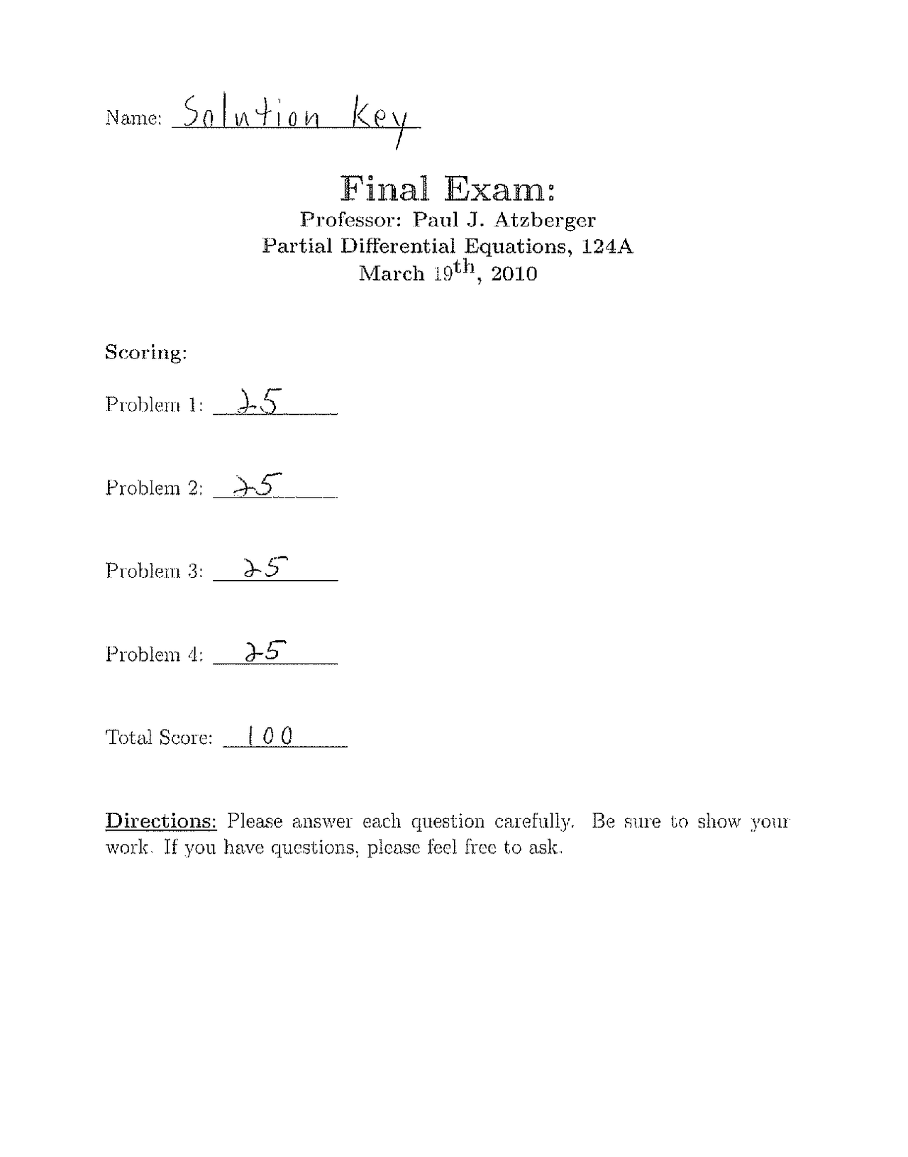 Solutions Key Final Exam Differential Equation Math 124a Docsity