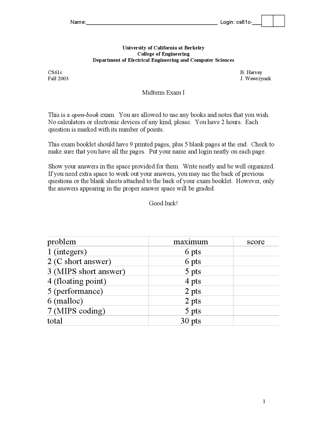 Midterm Exam 1 Machine Structures Fall 2003 Compsci 61c Docsity 4760