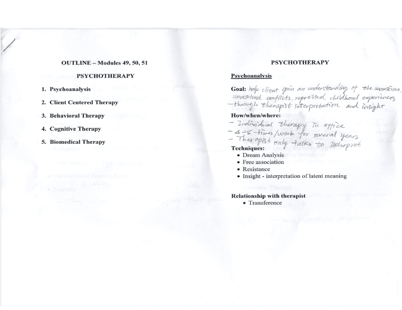 Psychotherapy in Introductory Psychology - Outline | PSYCH 100 - Docsity