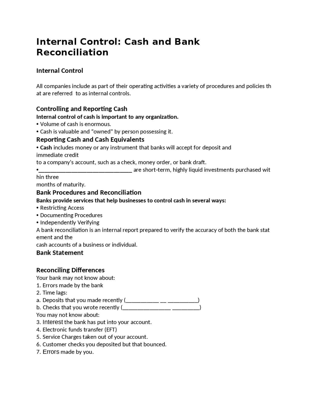 Internal Control: Cash and Bank Reconciliation - Lecture Notes | ACCT ...
