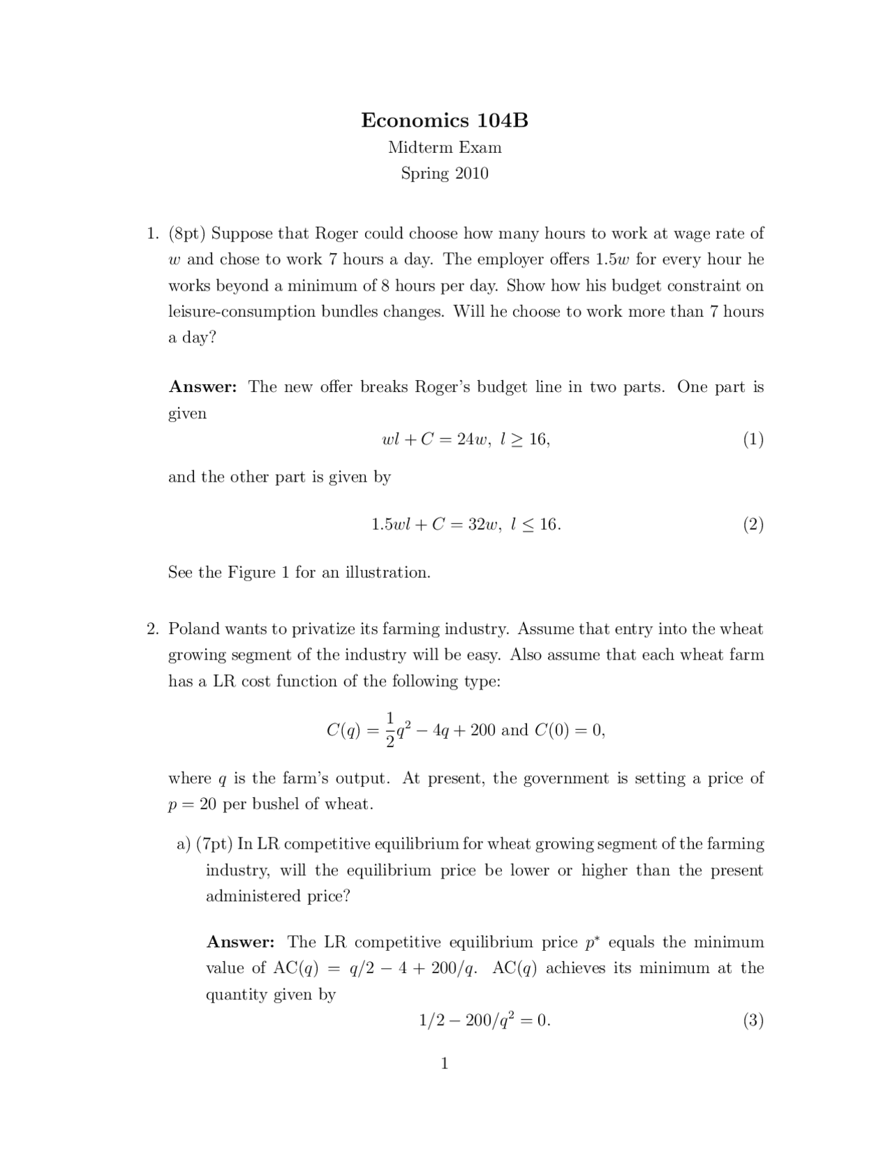 Microeconomic Theory Midterm Exam With Answer Key Econ 104b Docsity