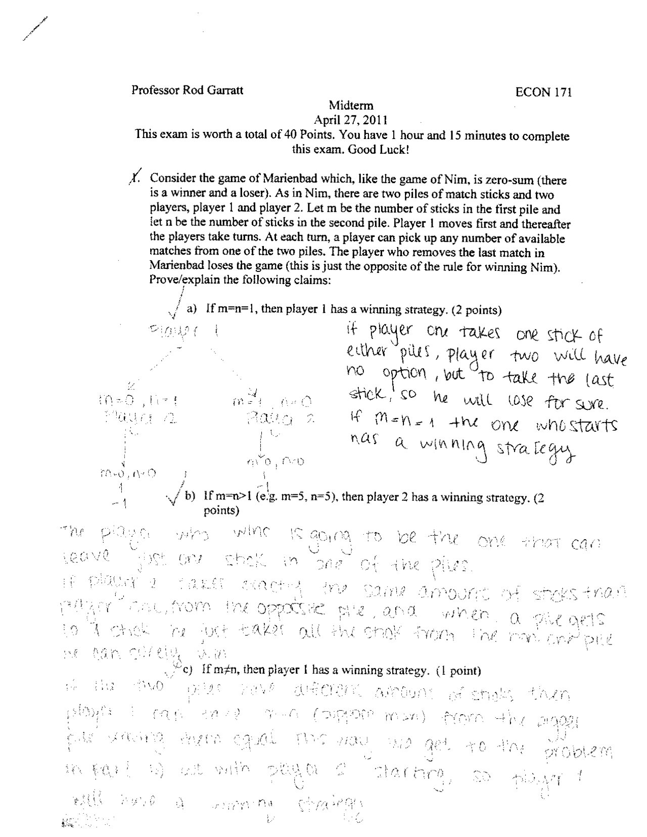 Midterm Exam With Answer Introduction To Game Theory Econ 171