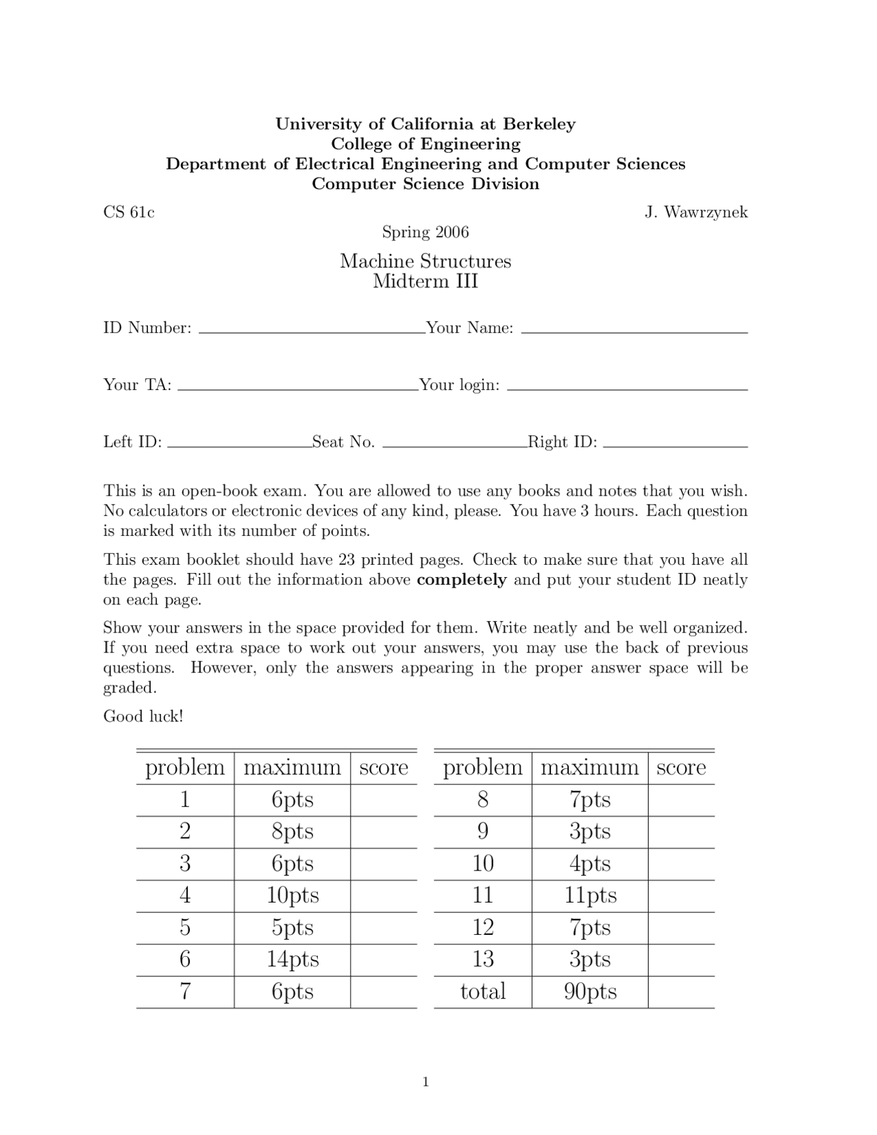 Midterm Ii Questions With Solution Machine Structures Compsci 61c Docsity