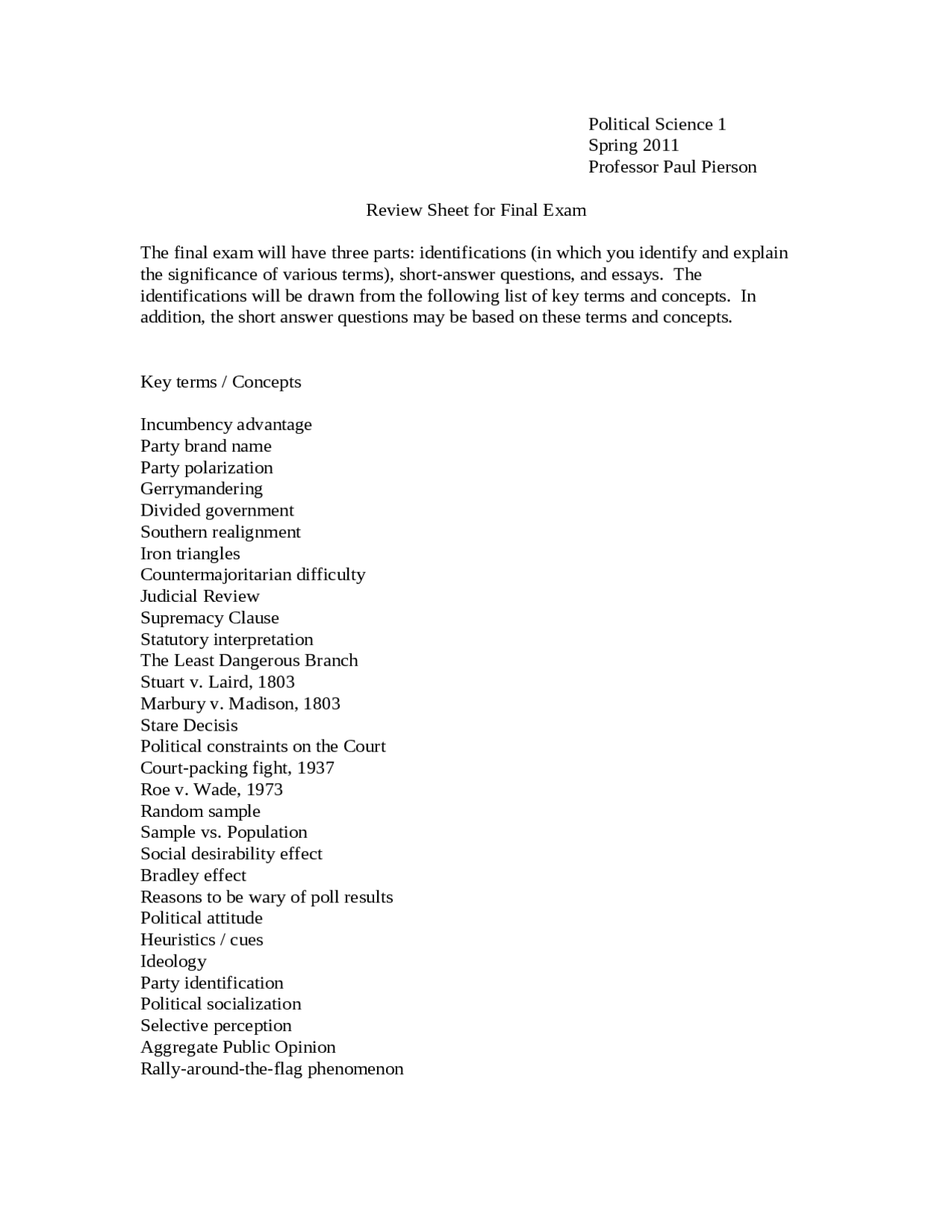 Review Sheet for Final Exam - Political Science 1 - Spring 2011 | POL ...