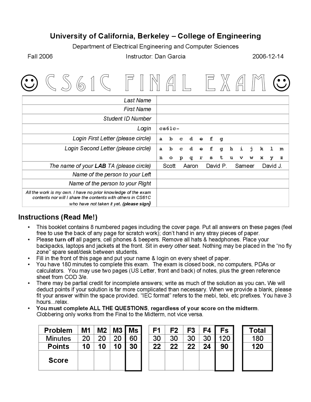 Final Exam With Answer Key Machine Structures Compsci 61c Docsity