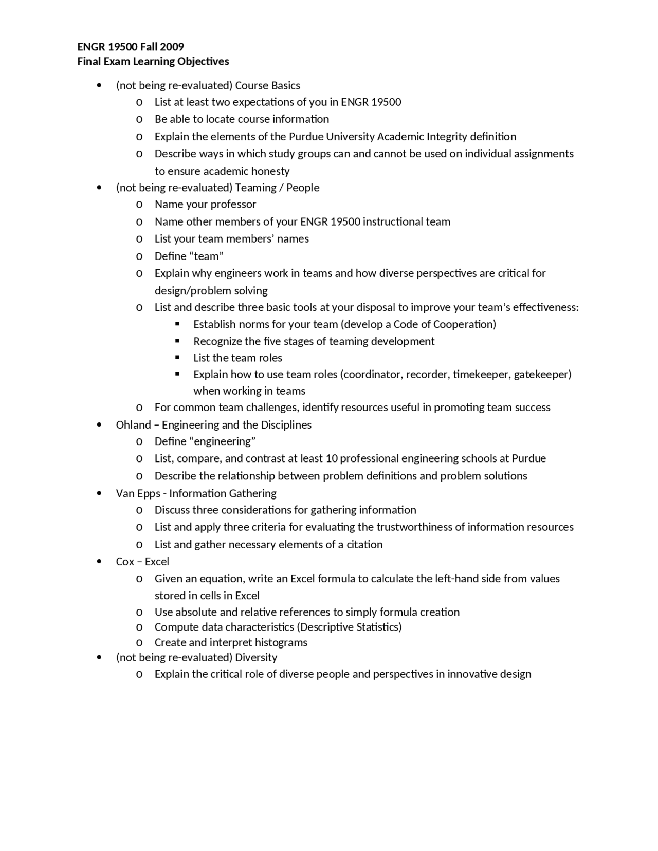 Final Exam Learning Objectives Epics Learning Community Engr 19500