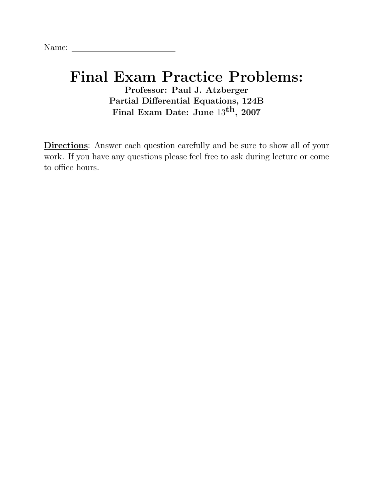 Practice Problems Final Exam Fourier Series Math 124b Exams