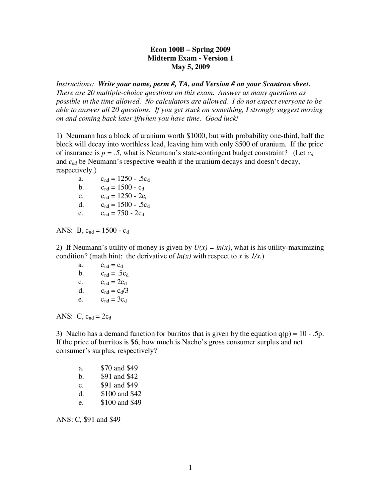 18 Mcqs With Answer Midterm Exam Microeconomic Theory Econ 100b