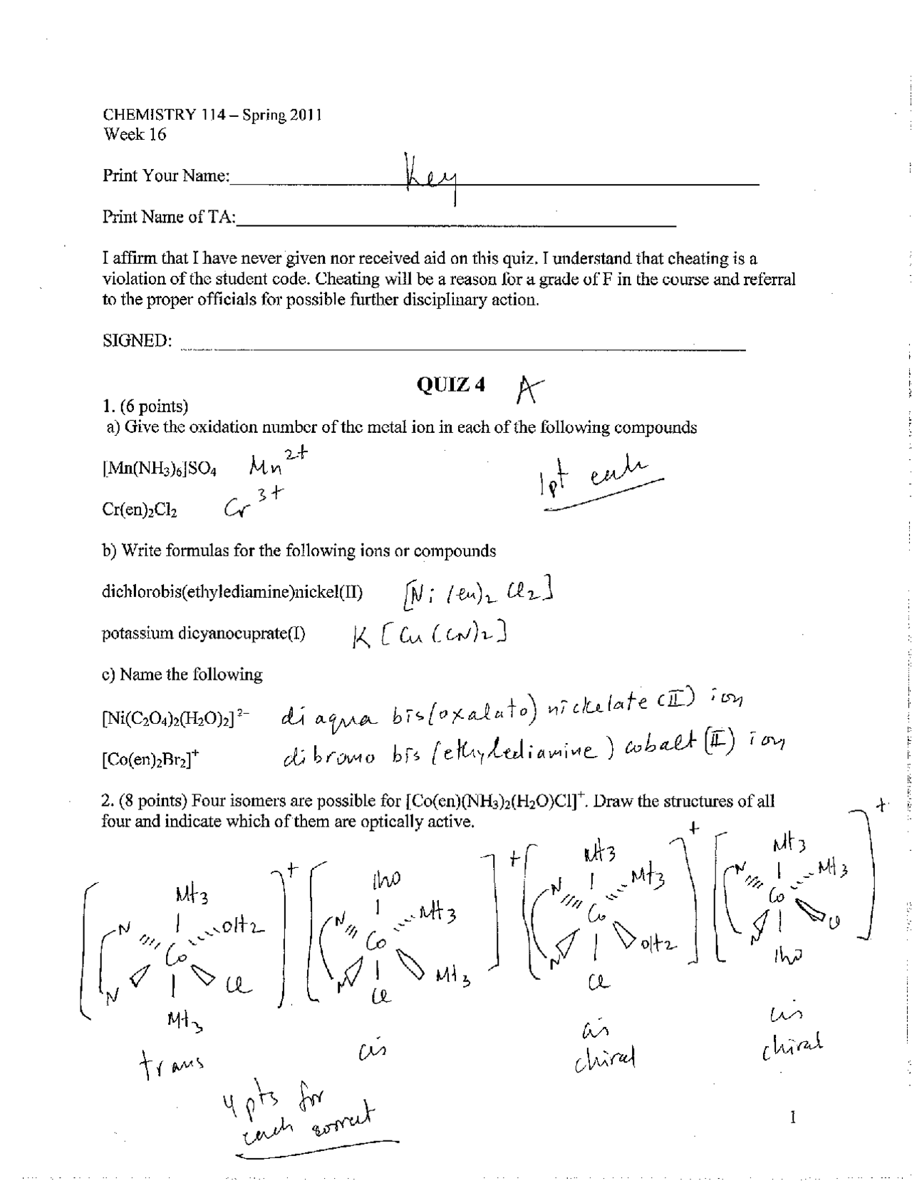 Practice Quiz 4 Solutions - General College Chemistry II | CHEM 114 ...
