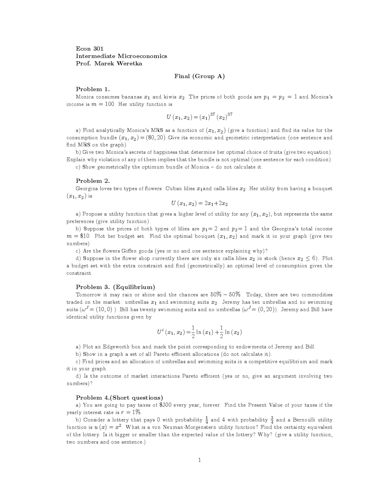 4 Solved Problems On Intermediate Microeconomics Theory Final Exam