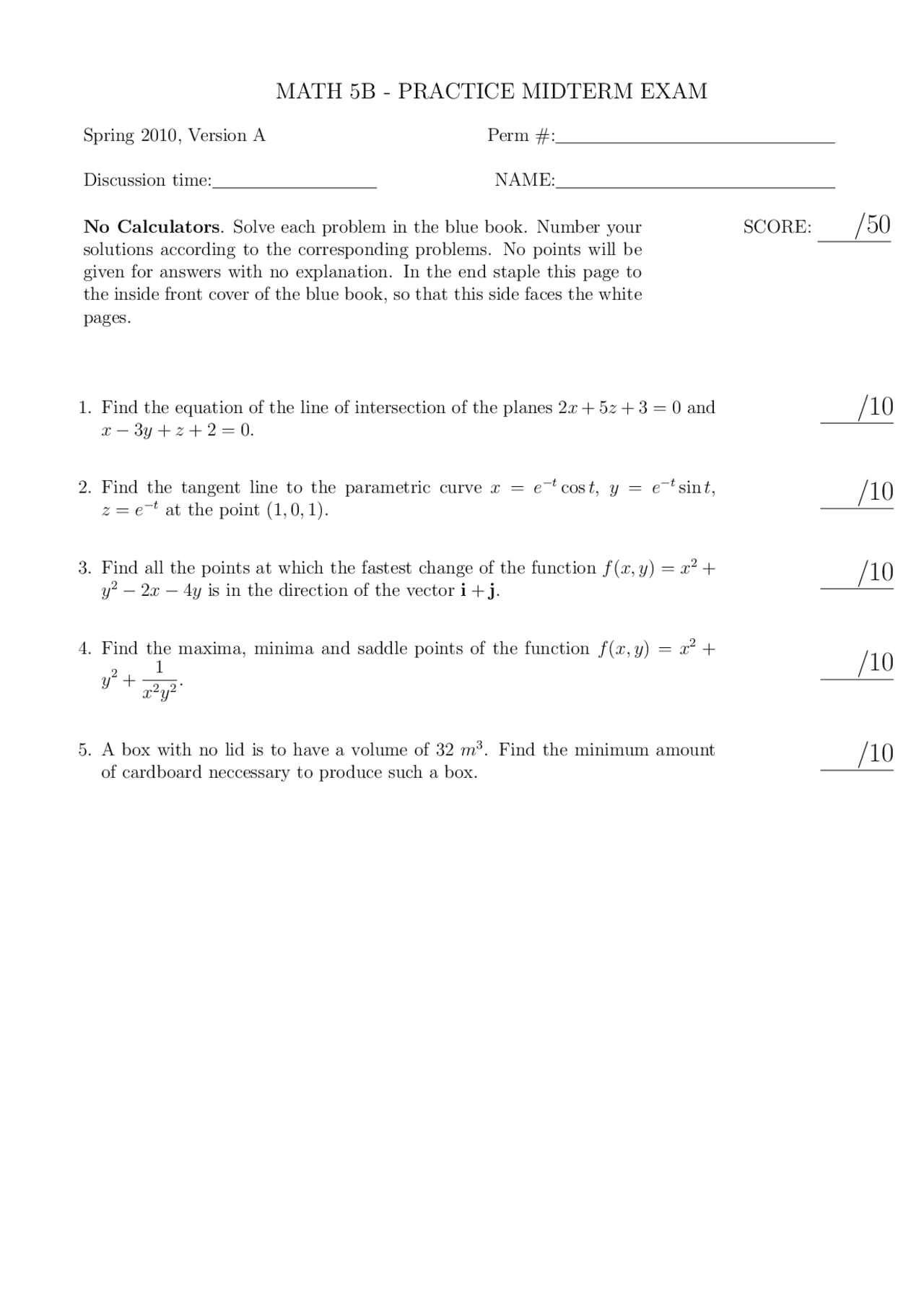 5 Questions With Answers In Vector Calculus 1 Math 5b Docsity