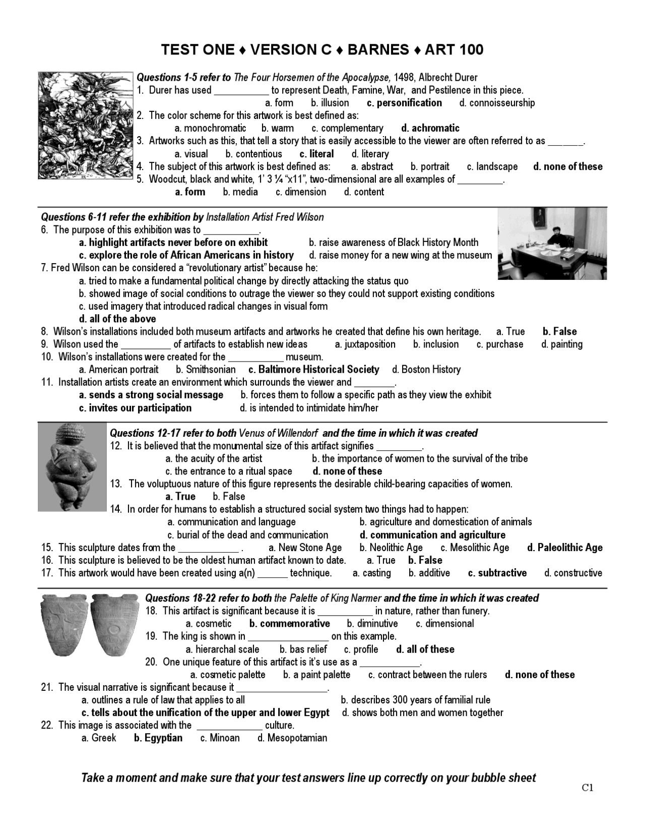 Test 1 Version C With Solution For Introduction To The Visual Arts