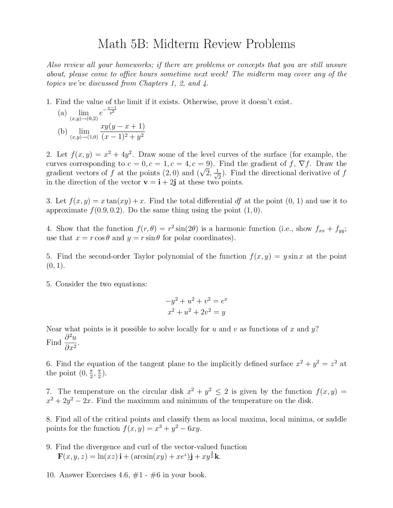 10 Solved Problems On Vector Calculus 1 Midterm Exam Math 5b Docsity