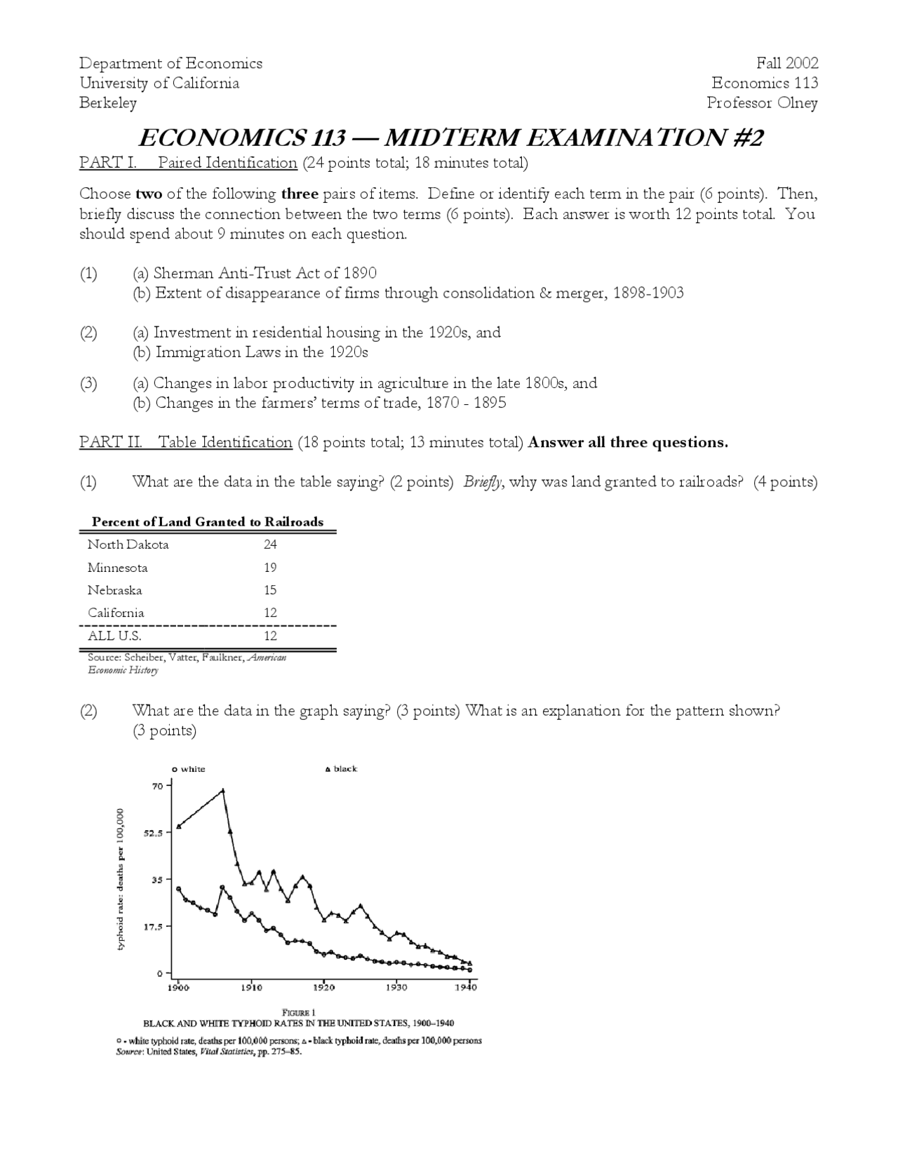 Midterm Exam 2 - Fall 2002 - American Economic History | ECON 113 - Docsity