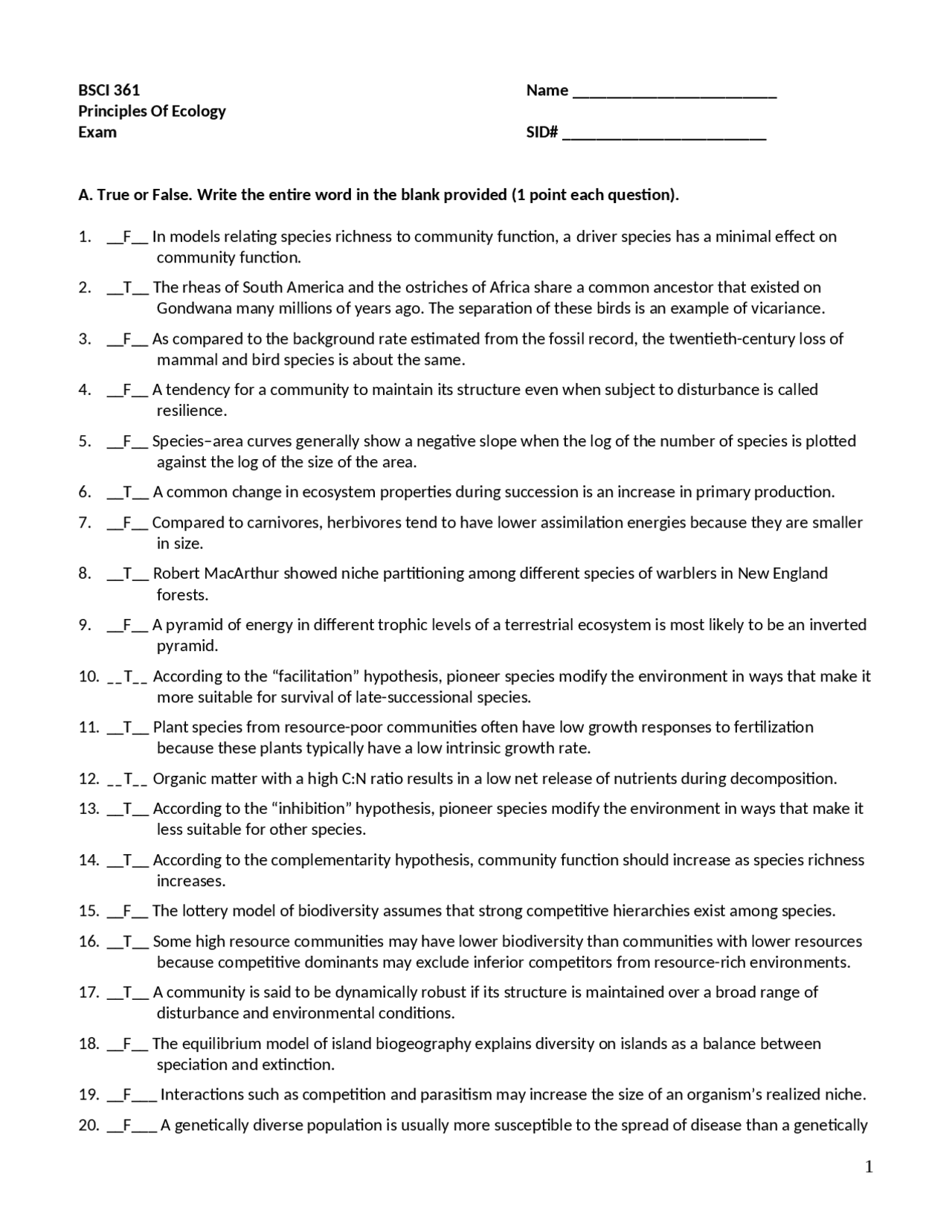 Exam 3 - Principles of Ecology | BSCI 361 - Docsity