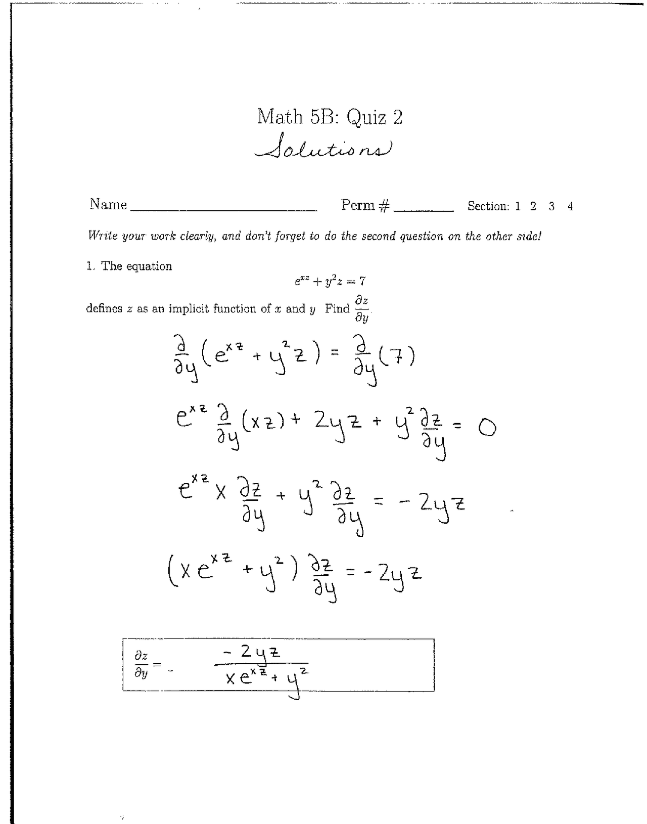 Quiz #2 Solutions - Vector Calculus 1 | MATH 5B - Docsity