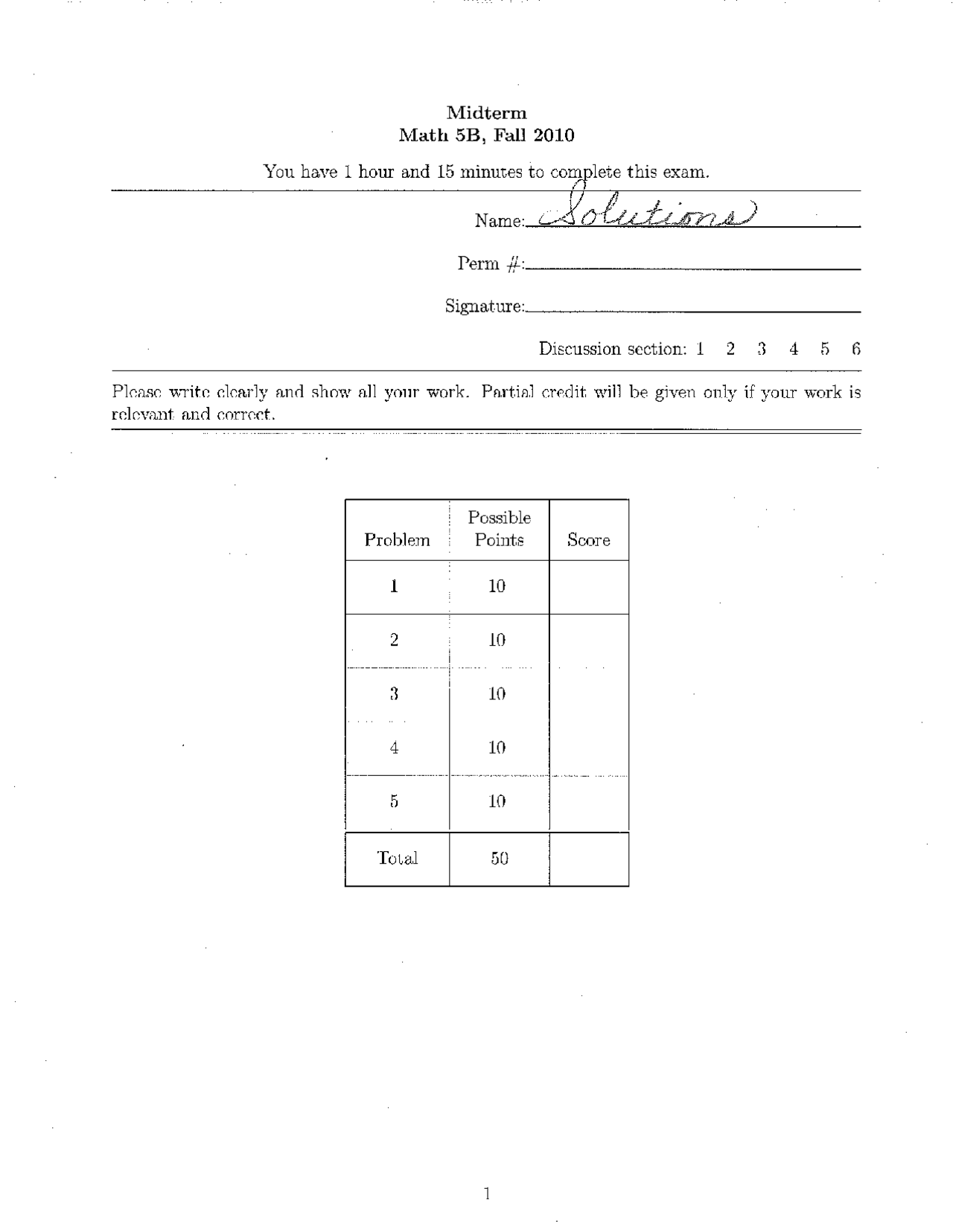 Midterm Exam With Solutions Vector Calculus I Math 5b Docsity