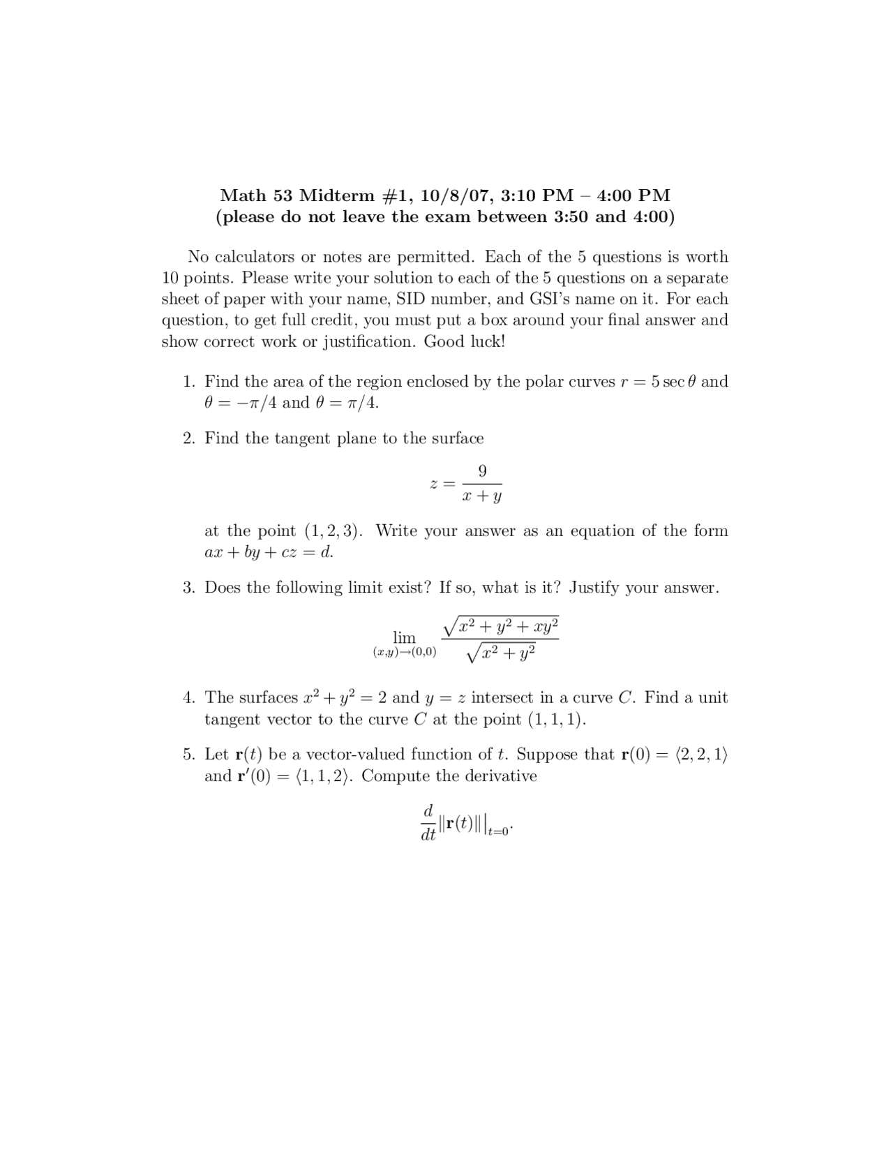 5 Solved Problems In Examination 1 Math 53 Docsity