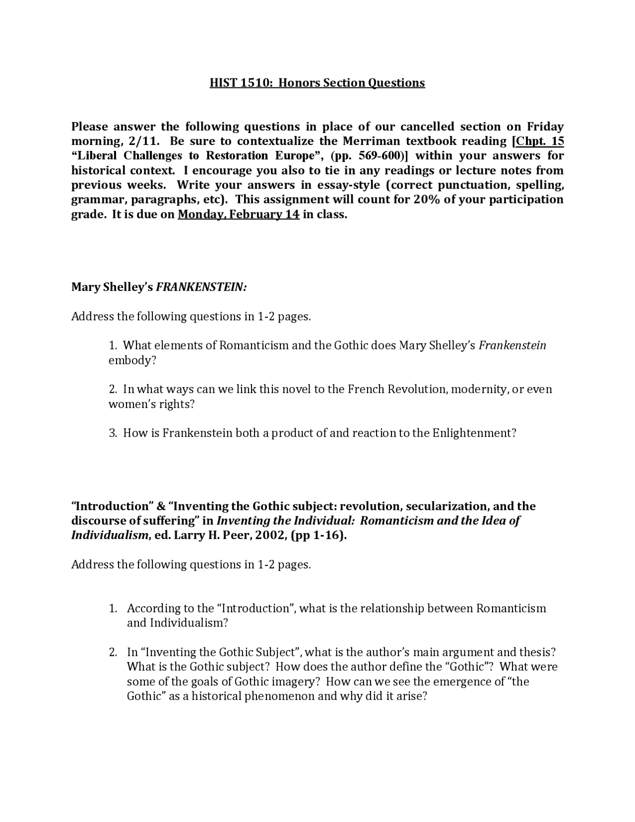 Honors Section Assignment: Romanticism, Gothic, and Frankenstein - Prof ...