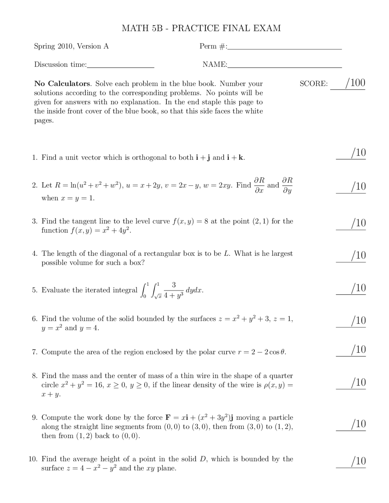 10 Solved Questions To Evaluate The Iterated Integrals Exam Math 5b