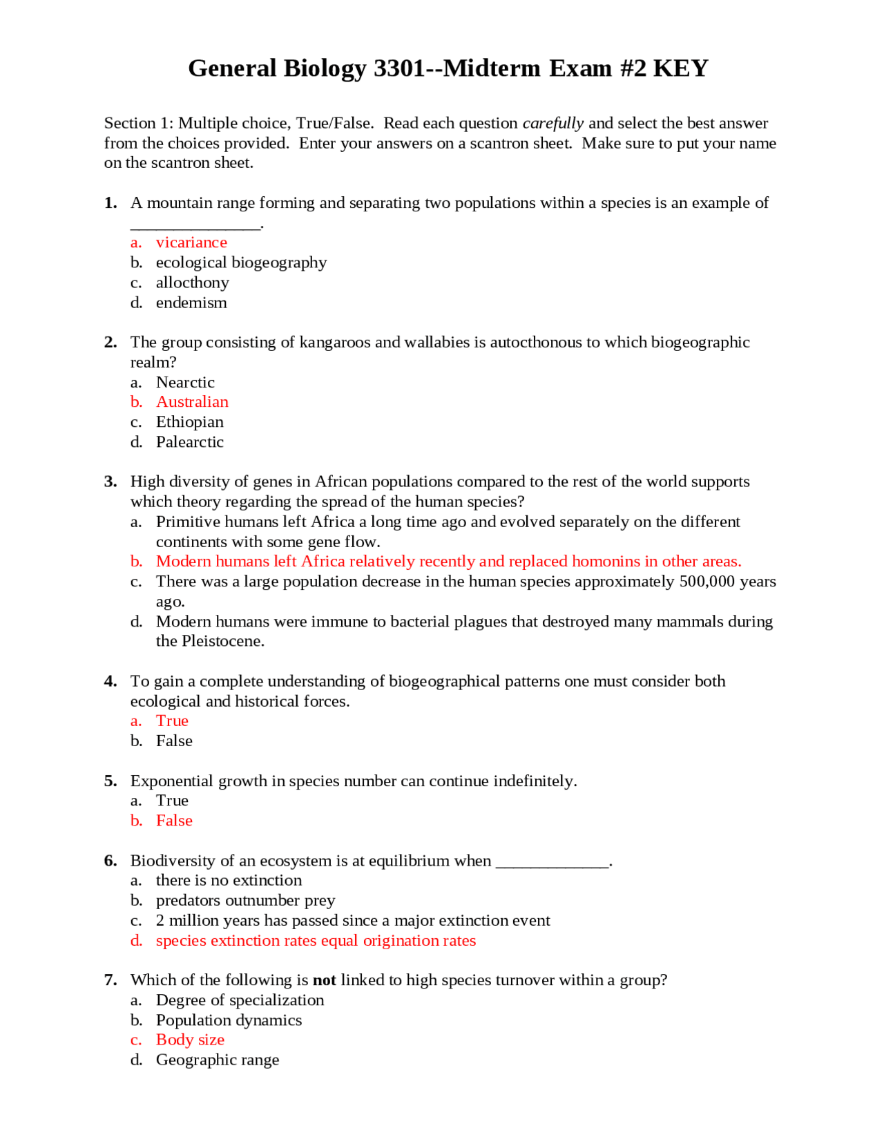 Midterm Exam Ii Answer Key Biological Evolution Biol 3301 Docsity